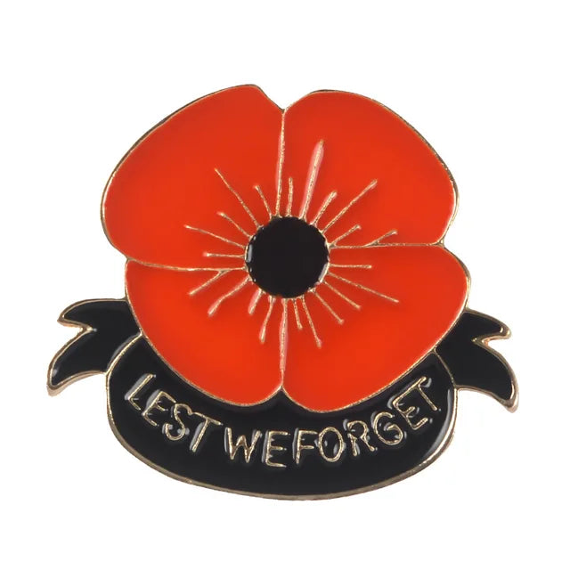 ANZAC LEST WE FORGET enamel poppy badge - Black, White, Silver or Gold ...
